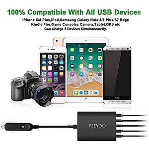 USB Car Charger Multiple Ports, 45W 5-Ports Quick Charge Car Charger Adapter,12V-24V Cigarette Lighter Adapter Multi USB Auto Splitter Fast Charging for iPhone & Android,Samsung Galaxy S10 S9 Plus