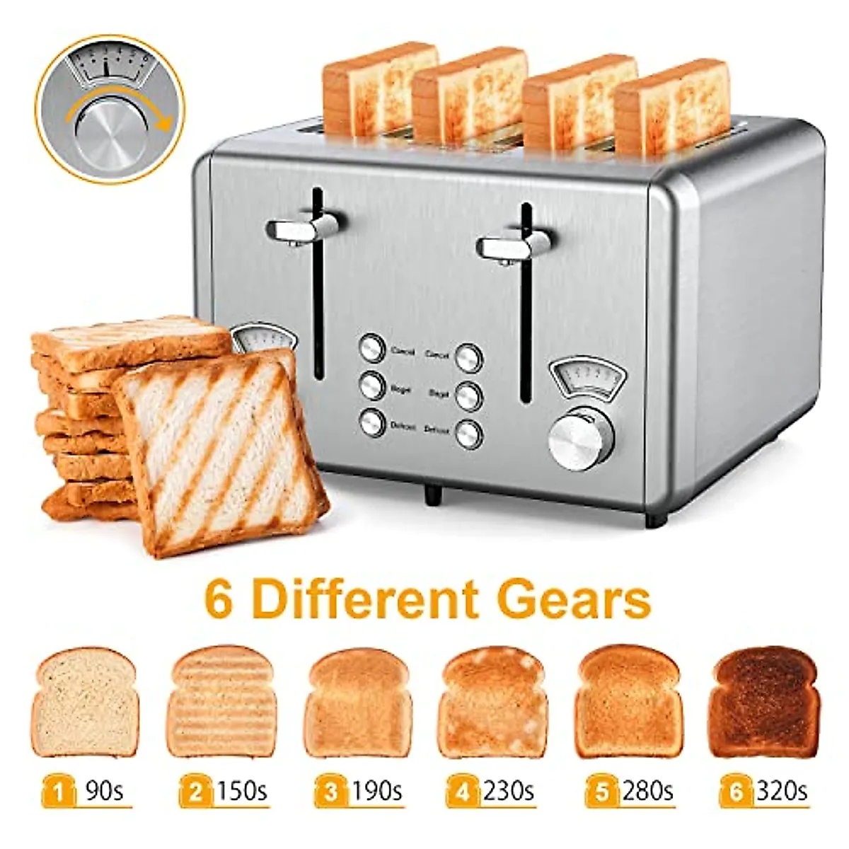 4 Slice Toaster,whall Stainless Steel,Toaster-6 Bread Shade Settings,Bagel/Defrost/Cancel Function with Dual Control Panels,Extra Wide Slots,Removable Crumb Tray,for Various Bread Types 1500W