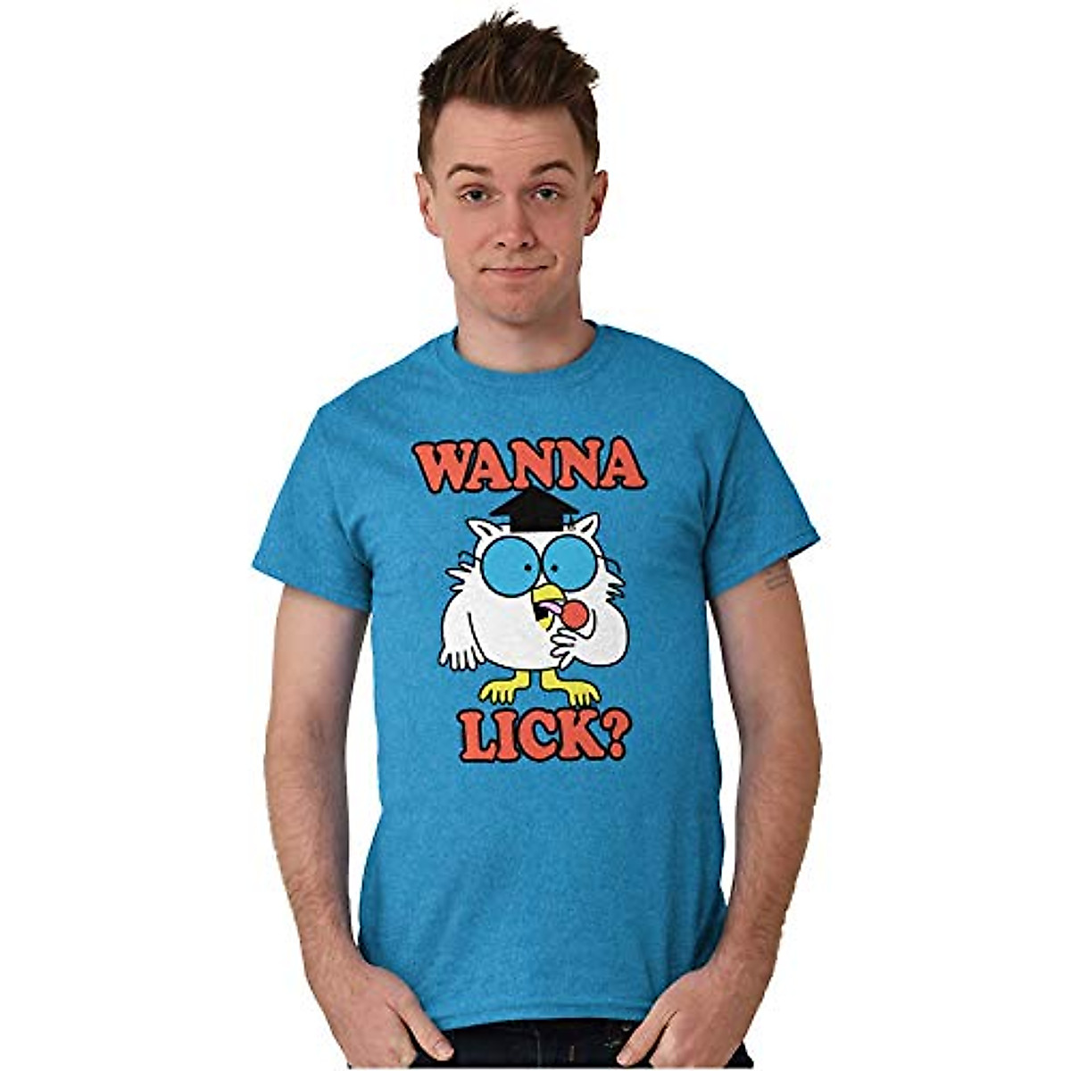 Wanna Lick? Mr. Owl Tootsie Pop Funny Graphic T Shirt Men or Women Heather Sapphire