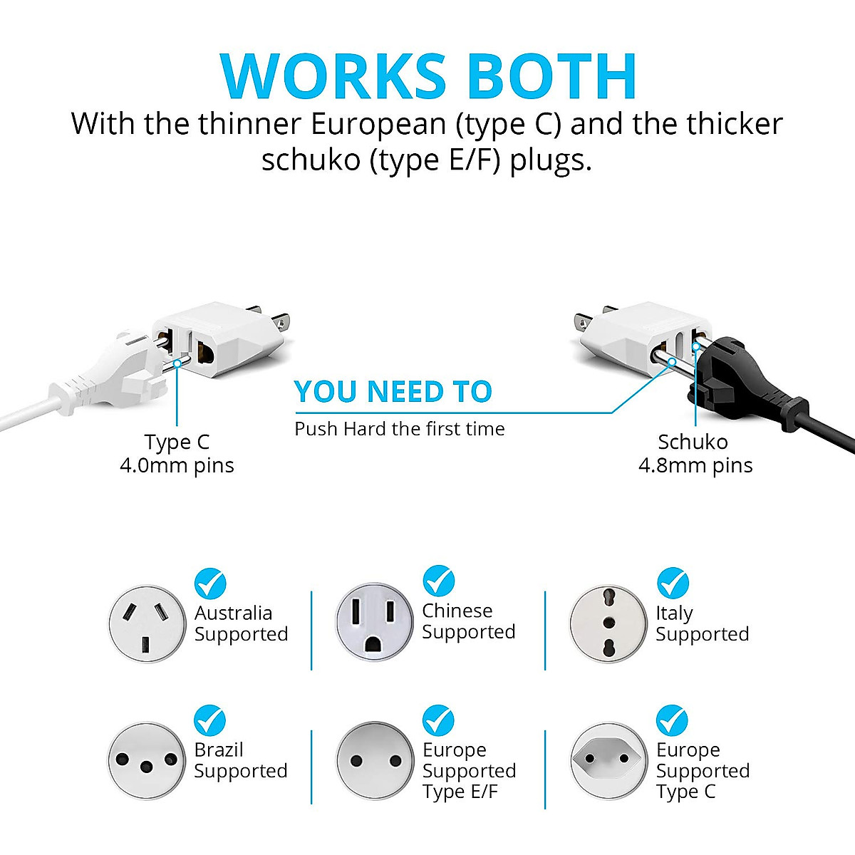 Europe to US Plug Adapter EU/UK/AU/in/CN/JP/Asia/Italy/Brazil to USA (Type A & B) American Travel Adapter and Converter, Wall Outlet Power Charger Converter (White)