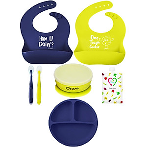 EVLA'S Baby Feeding Set, Baby Led Weaning Supplies, Adjustable Silicone Bibs, Divided Plate, Suction Bowl with Lid, Soft Spoons for Babies or Toddlers, Baby Registry must have!