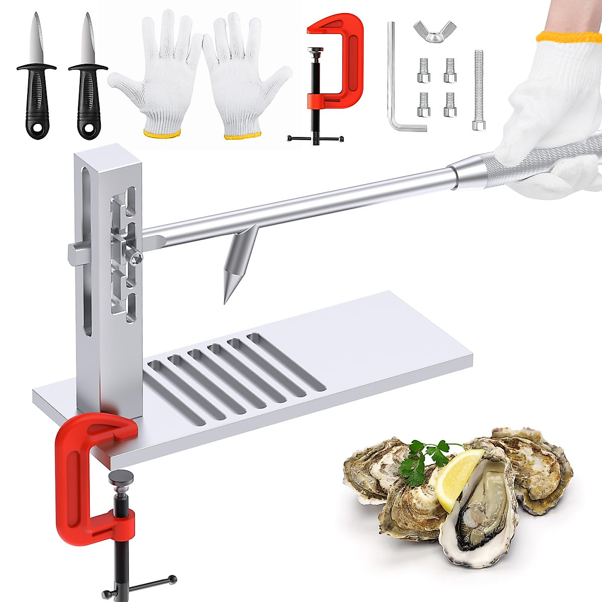 Buttwo Oyster Shucker, Stainless Steel Oyster Opener Tool Set Clam Machine with Oyster Shucking Knife Seafood Tools for Hotel and Family Buffet, Silver