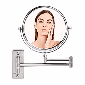 OVENTE 7" Wall Mount Makeup Mirror, 1X & 10X Magnifier, Adjustable Spinning Double Sided Round Reflection, Extend, Retractable & Folding Arm, Bathroom & Vanity Décor, Nickel Brushed MNLFW70BR1X10X