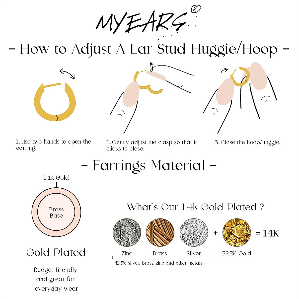 MYEARS Women Gold Huggie Hoop Snake Earrings Ear Stud Cuff Cubic Zirconia 14K Gold Plated Small Simple Minimalist Hypoallergenic Everyday Jewelry