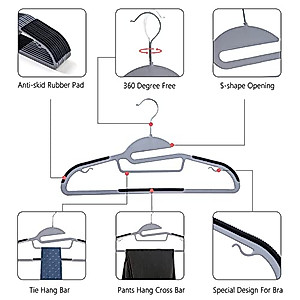 Cimlord 50PC Neck Saver Coat Hanger - Thin Space Saving Clothes Hangers with Non-Slip Rubber Pad, Closet Suit Hangers for Clothing, Pants, Jeans, Durable Plastic Gray Slim Hanger