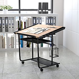 BizChair Adjustable Drawing and Drafting Table with Dual Wheel Casters