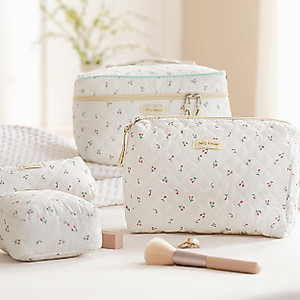 HBselect 4Pcs Cotton Quilted Makeup Bag Coquette Makeup Bag Large Travel Cosmetic Bag Aesthetic Cute Kawaii Cherry Makeup Bag Toiletry Bags Coin Purse for Women Girls