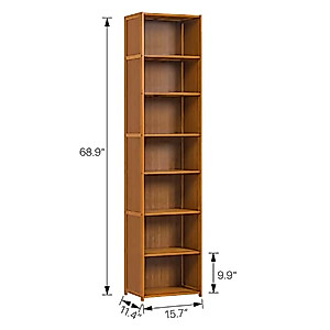 MoNiBloom Bamboo 7 Tier Free Standing Tall Bookcase Narrow Display Storage Shelves Collection Décor Furniture for Home Living Room Study Room, Brown