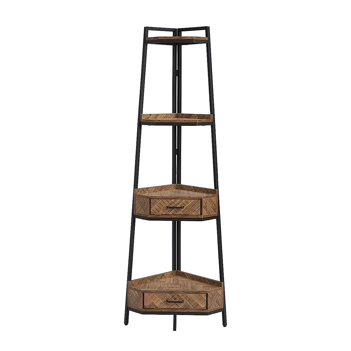 4-Tier Corner Shelf with 2 Drawers, 72.64'' Tall 4-Tier Industrial Bookcase Corner Ladder Shelf with 2 Drawers, Small Bookshelf Rustic Plant Stand Rack Freestanding, Black