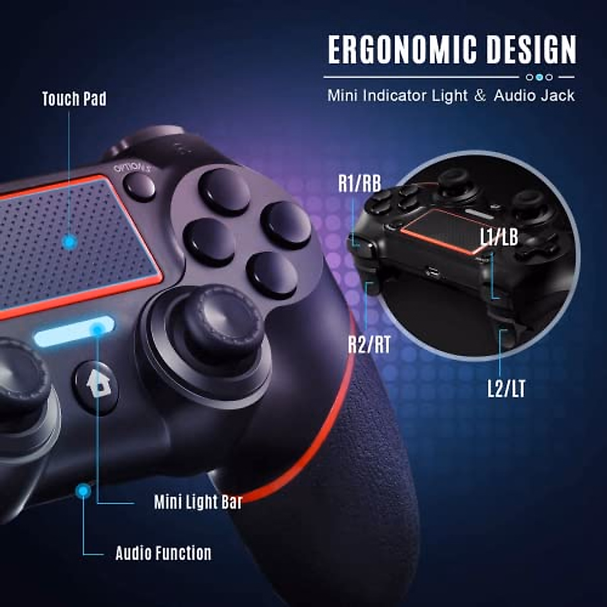 Deeptick Wireless Gamepad Controller For PS4/PC with Motion Motors and Audio Function, Mini LED Indicator, USB Cable and Anti-Slip (Red)