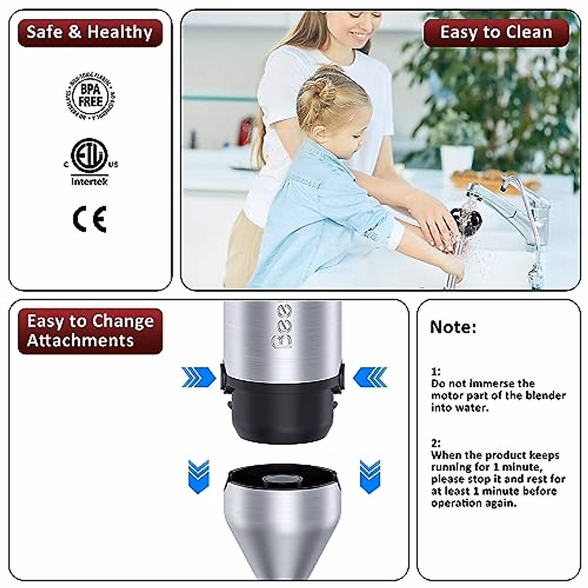 BEEWEEL Immersion Blender - 800 Watts Scratch Resistant Hand Blender, 15 Variable Speeds & Turbo Hand Mixer, 4-in-1 Heavy Duty Copper Motor Handheld Blender with Egg Whisk,Chopper and Coffee Grinder