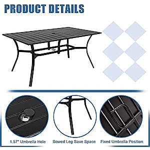 SOLAURA Outdoor Dining Table, 60" x 38" Patio Metal Steel Slat Table for 6-Person with 1.57" Umbrella Hole, for Gardens or Backyards, Black