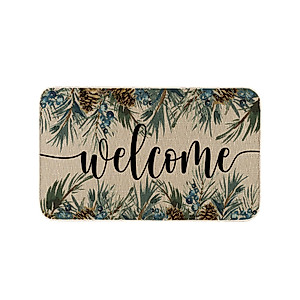 Moutina Welcome Christmas Door Mat Winter Decorative Doormat 17 x 29 Inch, Xmas Pine Twigs Door Mat Anti-Slip Rubber for Seasonal Holiday Decoration Indoor Outdoor