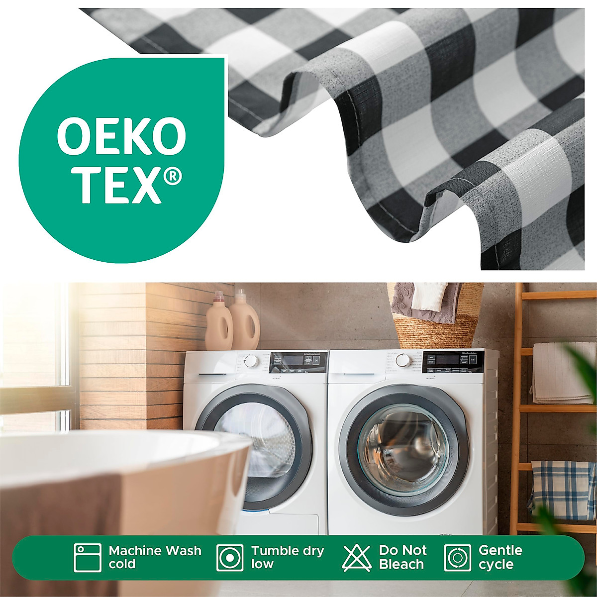 Biscaynebay Textured Fabric Shower Curtains 72" X 72", Black & White Printed Checkered Linen Modern Hotel Luxury Quality Cloth Bathroom Curtains Machine Washable