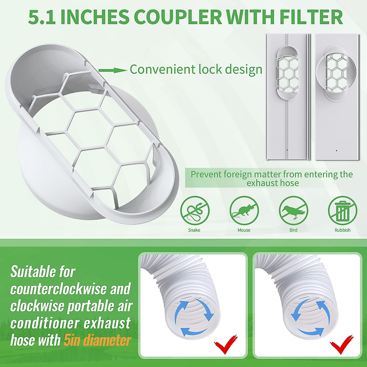 Portable Air Conditioner Window Seal Kit with Coupler for 5-5.1" Exhaust Hose, AC Window Kit with Vent Screen for Sliding Window, Adjustable 17"- 62" Sealing Panels, NOT Applicable for 5.9" Hose