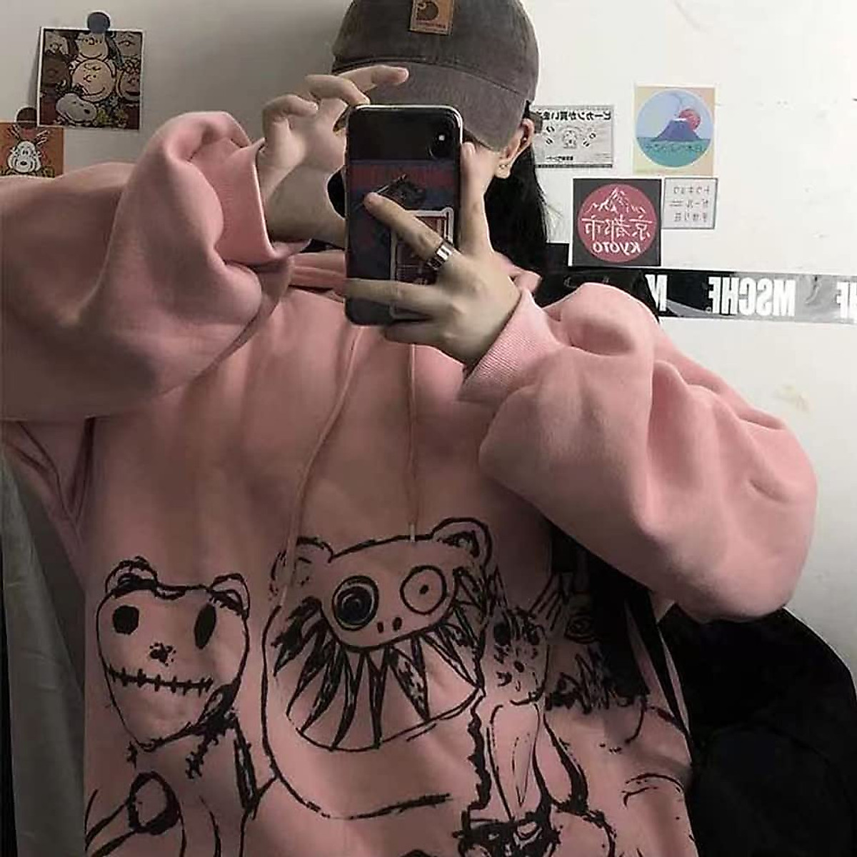 MOMEITU Gothic Hoodie Girls Anime Hooded Sweater Women Loose Street Sports Y2K Clothes Grunge Clothes (Pink Tiger,L,Large)