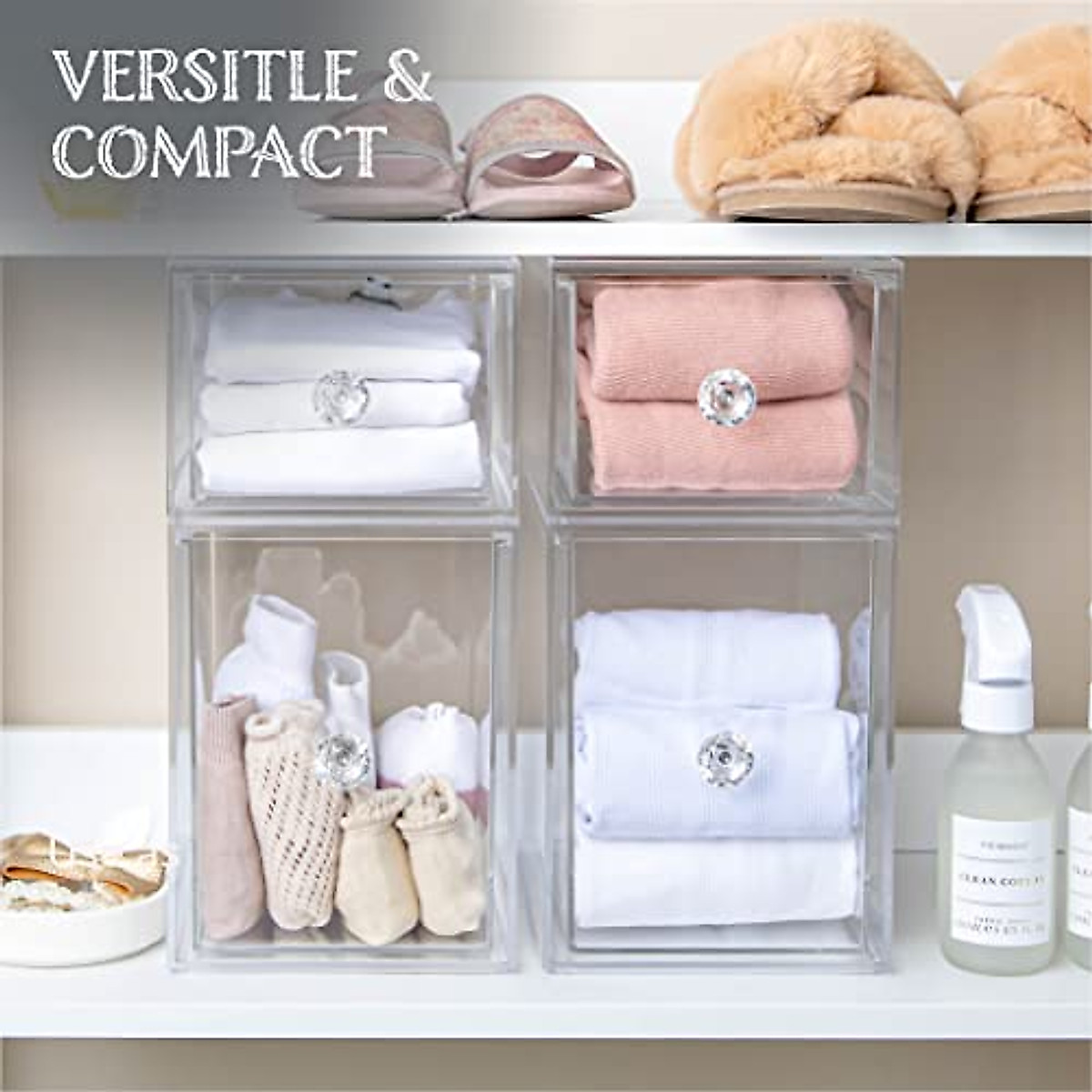 Clear Drawer Organizers - Acrylic, Durable, Stackable, Pull-Out Drawer. Great for Medicine, Cosmetics, Makeup and Bathroom Organization. (4.5" High | 2-PACK)