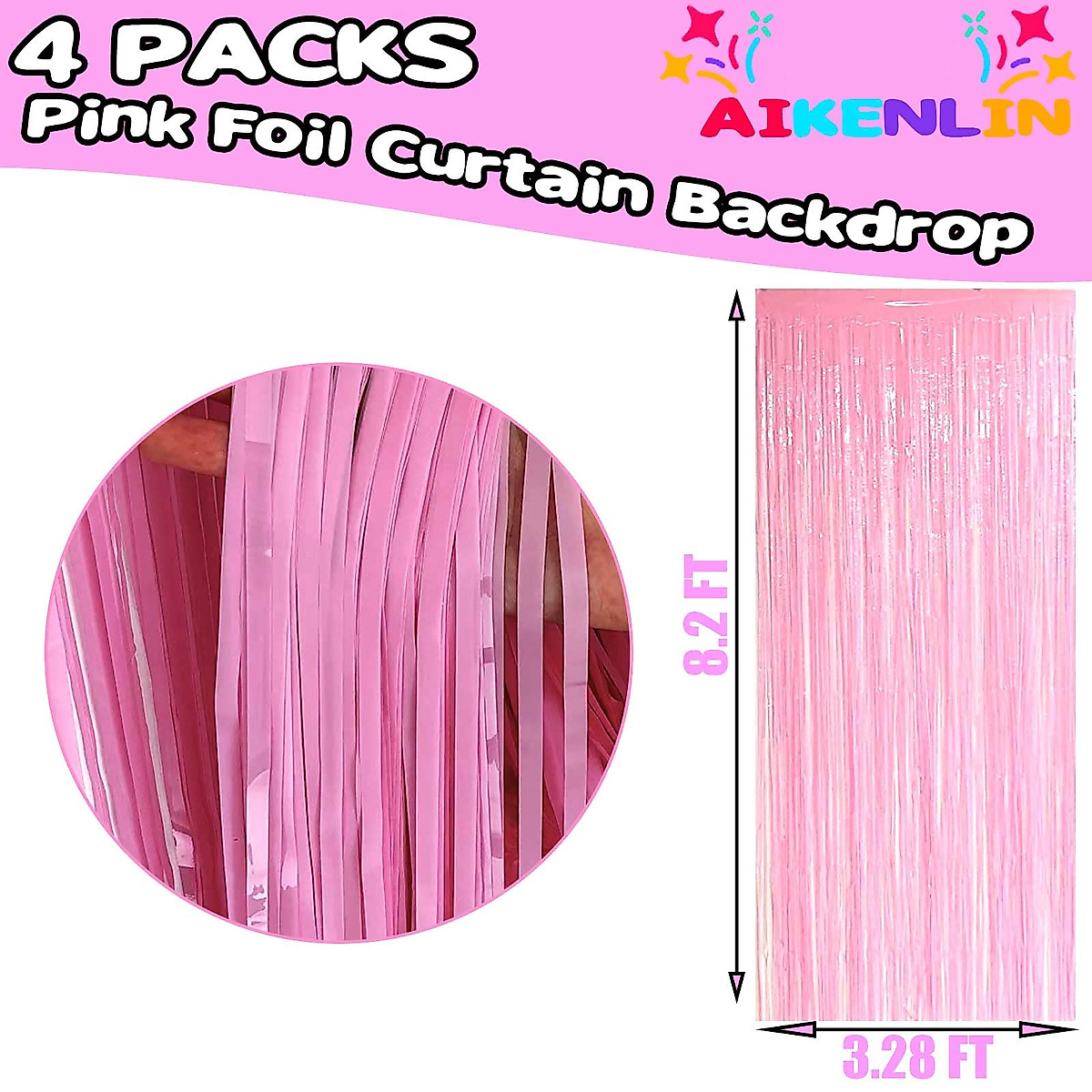 4 Pack 3.2Ft x 8.2Ft Pink Foil Fringe Curtain Backdrop, Metallic Tinsel Foil Fringe Streamers Curtains Background for Photo Booth, Birthday, Wedding, Halloween, Christmas Party Decoration
