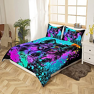 Erosebridal Wolf Bedding Set Full Size Tie Dye Duvet Cover Safari Animals Print Comforter Cover for Kids Boys Juvenile Splash Graffiti Hip Hop Bedspreads Cover with 2 Pillow Cases Colorful Teal Black
