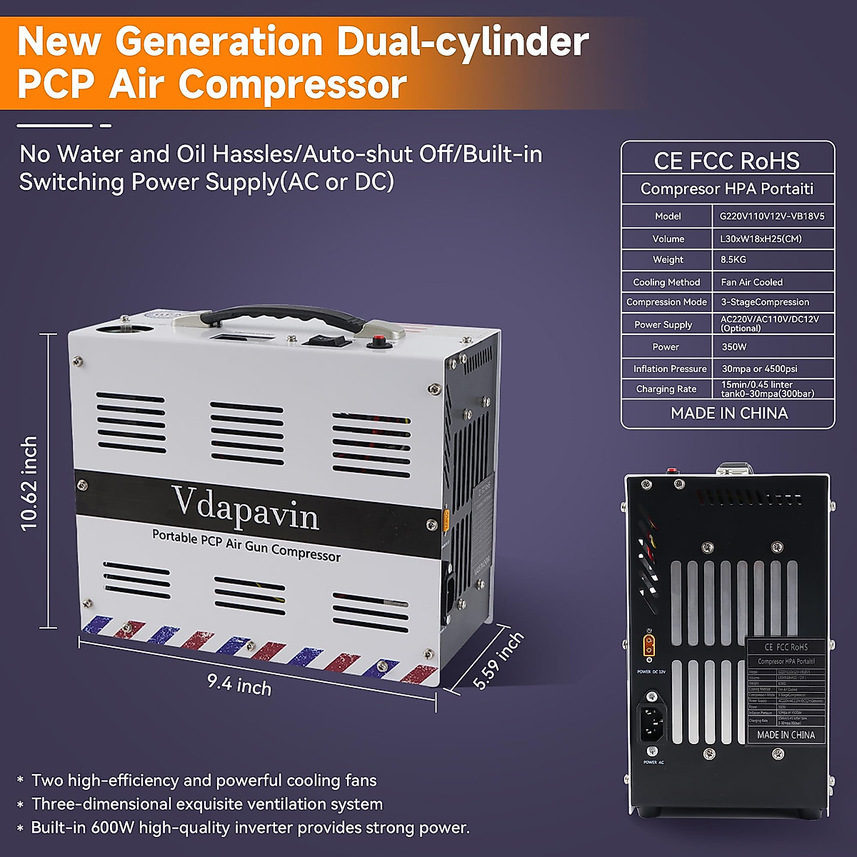 Pcp Air Compressor,4500psi 30mpa/300 Bar Automatic Stop Pump,Oil/Water Free,Powered By Car 12v Dc Or Home 110v Ac,Paintball Air Compressor,Scuba Air Compressor