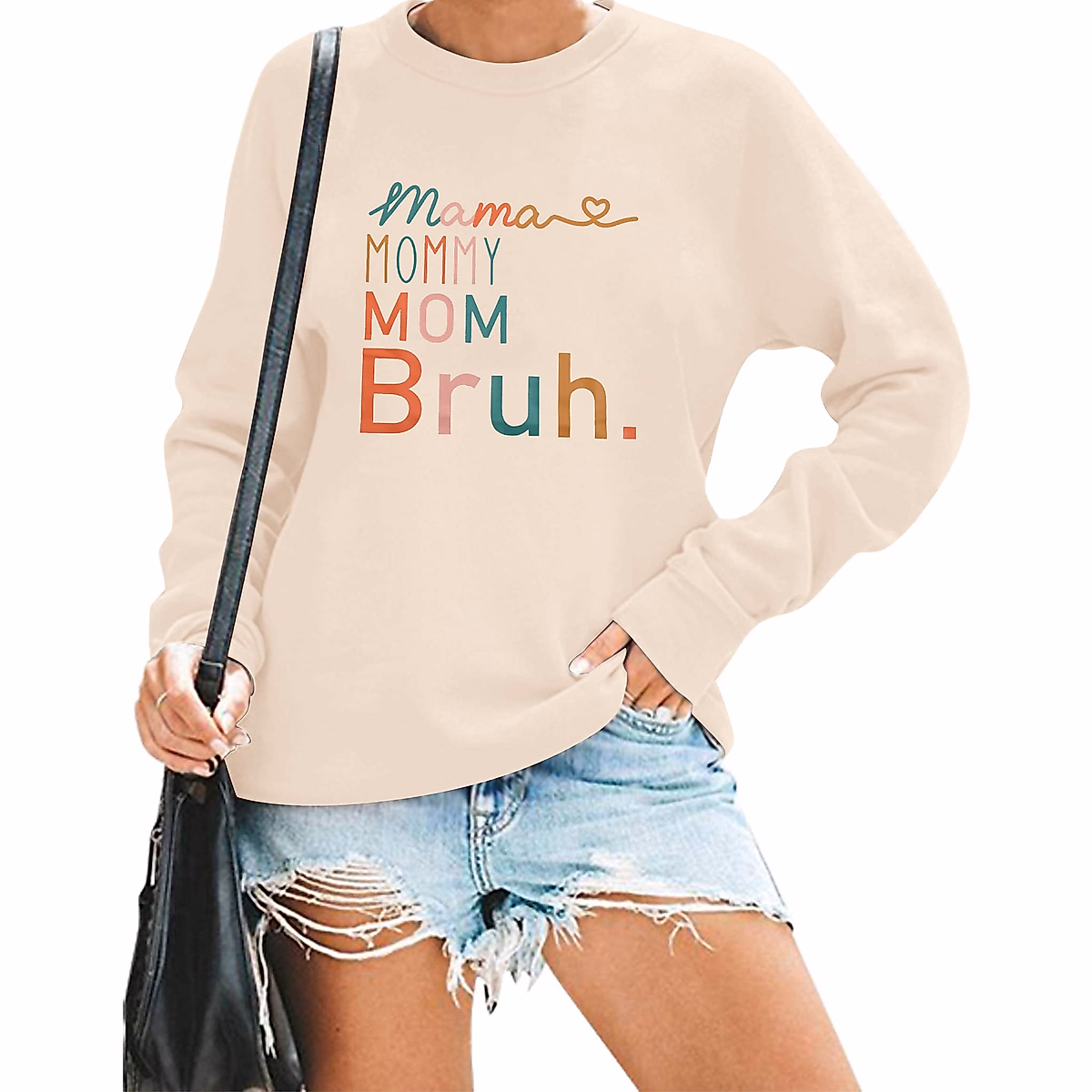 BLANCHES Mama Sweatshirt Women Mama Mommy Mom Bruh Funny Mom Life Sweatshirts Pullover Tops Casual Loose Long Sleeve Shirt Apricot