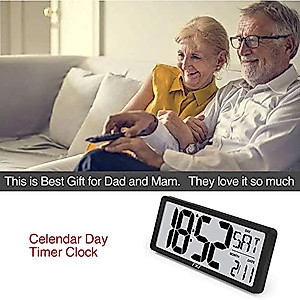 TXL Digital Wall Clock Large Display, Custom Alarm/Calendar/Count Up-Down Timer, Switchable Temp in F/C, 12/24Hr Desktop Day Clock, Battery Operated 14.17" Clock with 4.6" Digits for Gym Office-Black