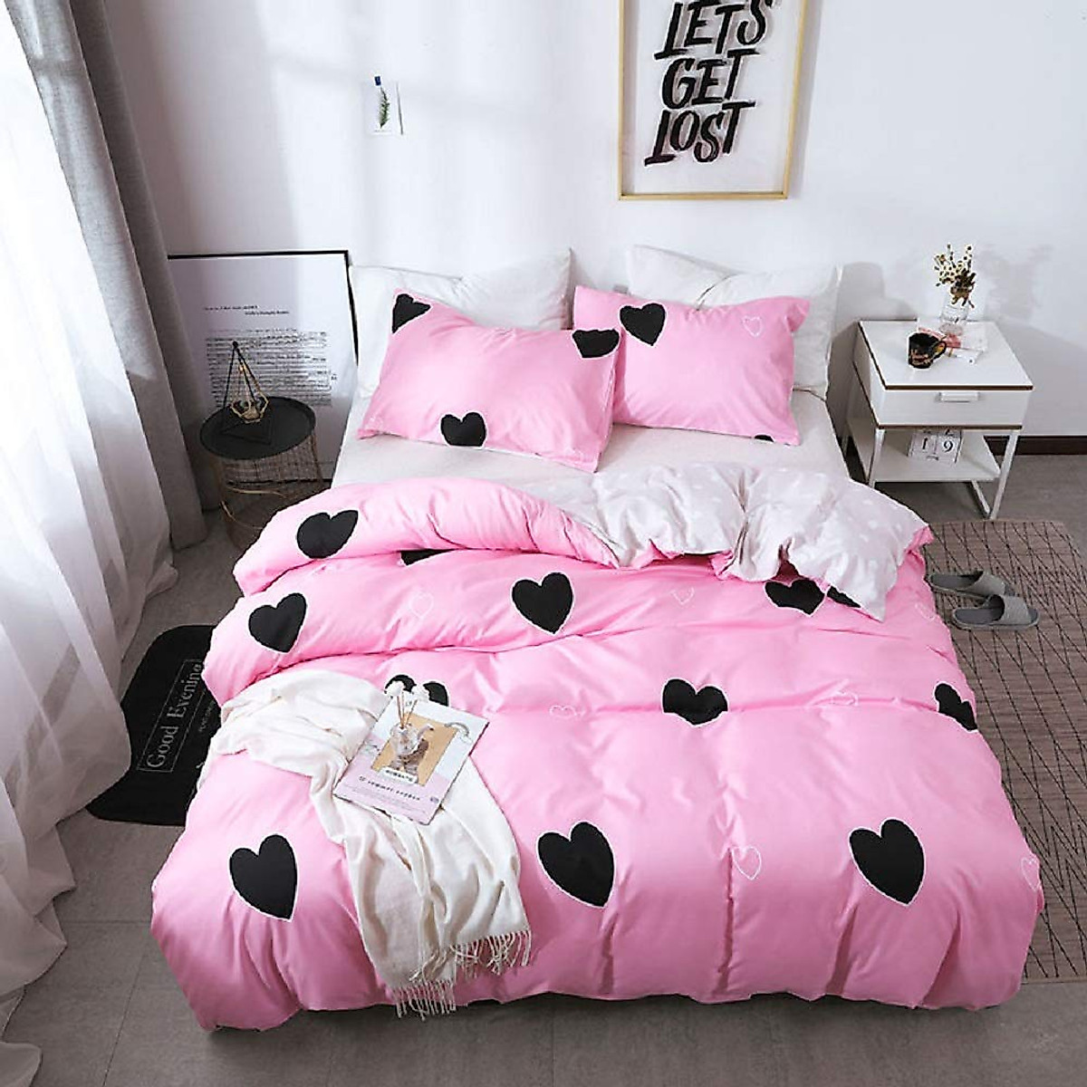 Erosebridal Girls Pink Comforter Cover Queen Black Love Pattern Girly Bedding Set for Kids Child Teens Cartoon Lightweight Grey Reversible Duvet Cover Soft Microfiber Bedclothes Fashion Room Decor