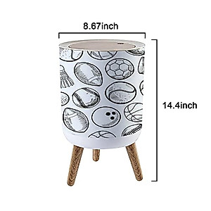 Nordic Style Trash Can - Doodle style sports equipment seamless ready to be tiled Push Top Trash Can with Lid - Scandinavian Modern Garbage Can - Round Trash Bin w/ Legs for Kitchen/Bathroom/Dog proof, 1.8 Gallon - 7L