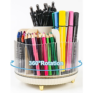 EPKAOZEY Rotating Pen Holder Desk Organizer, 7 Grids 360° Pencil Holder Rotatable Desktop Organizer, Removable Makeup Holder Large Capacity, Holds Pencils, Crayons and All Kinds of Stationery, Makeup Brushes, Small House Items (White)
