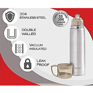Milton Thermosteel Glassy Flask 1000, Double Walled Vacuum Insulated 1000 ml | 34 oz | 1 qt. | 24 Hours Hot and Cold Bottle with Cover, 18/8 Stainless Steel, BPA Free, Food Grade, Leak-Proof | Gray