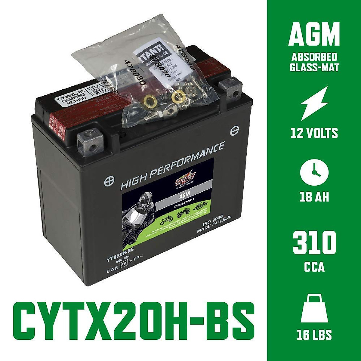 Interstate Batteries YTX20H-BS 12V 18Ah Powersports Battery 310CCA High-Performance AGM Rechargeable Replacement for Arctic Cat, Harley Motorcycles, Bikes, ATVs, Jet Skis, Snowmobiles (CITX20H-BS)
