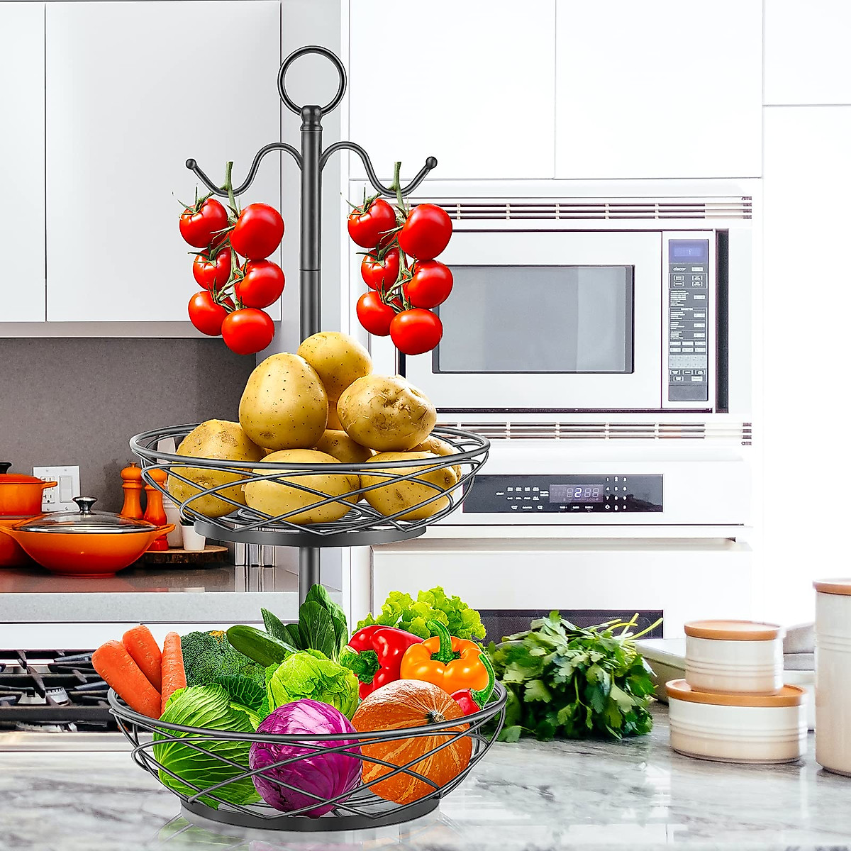 PT COVER Fruit Basket - 2 Tier Fruit Bowl with Banana Hanger for Kitchen Counter Fruit Holder - Elegant Black