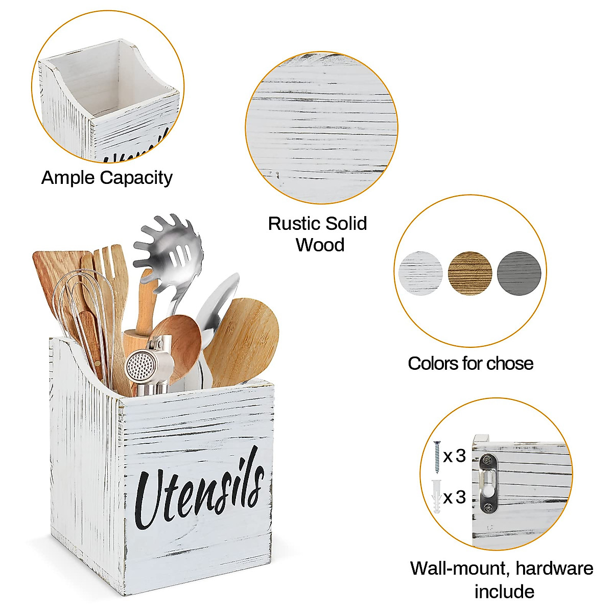 Kitchen Utensil Holder Organizer for Kitchen Countertop, White Cooking Utensil Holder for Countertop, Utensil Crock Holder for Kitchen,Large Utensil Flatware Organizer,Wooden Kitchen Utensil Organizer