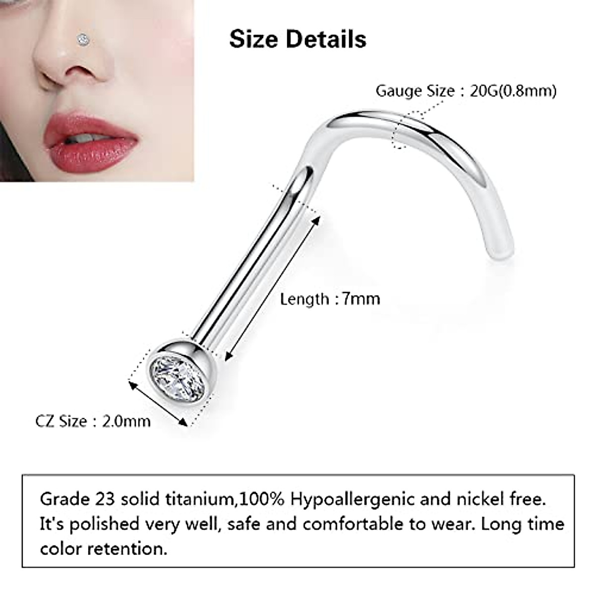 GAGABODY G23 Titanium 20G Nose Ring Hoop 2mm Press Fit Crystal Gem Nose Screw Nose Studs Ring L-Shaped Bone Piercing Jewelry