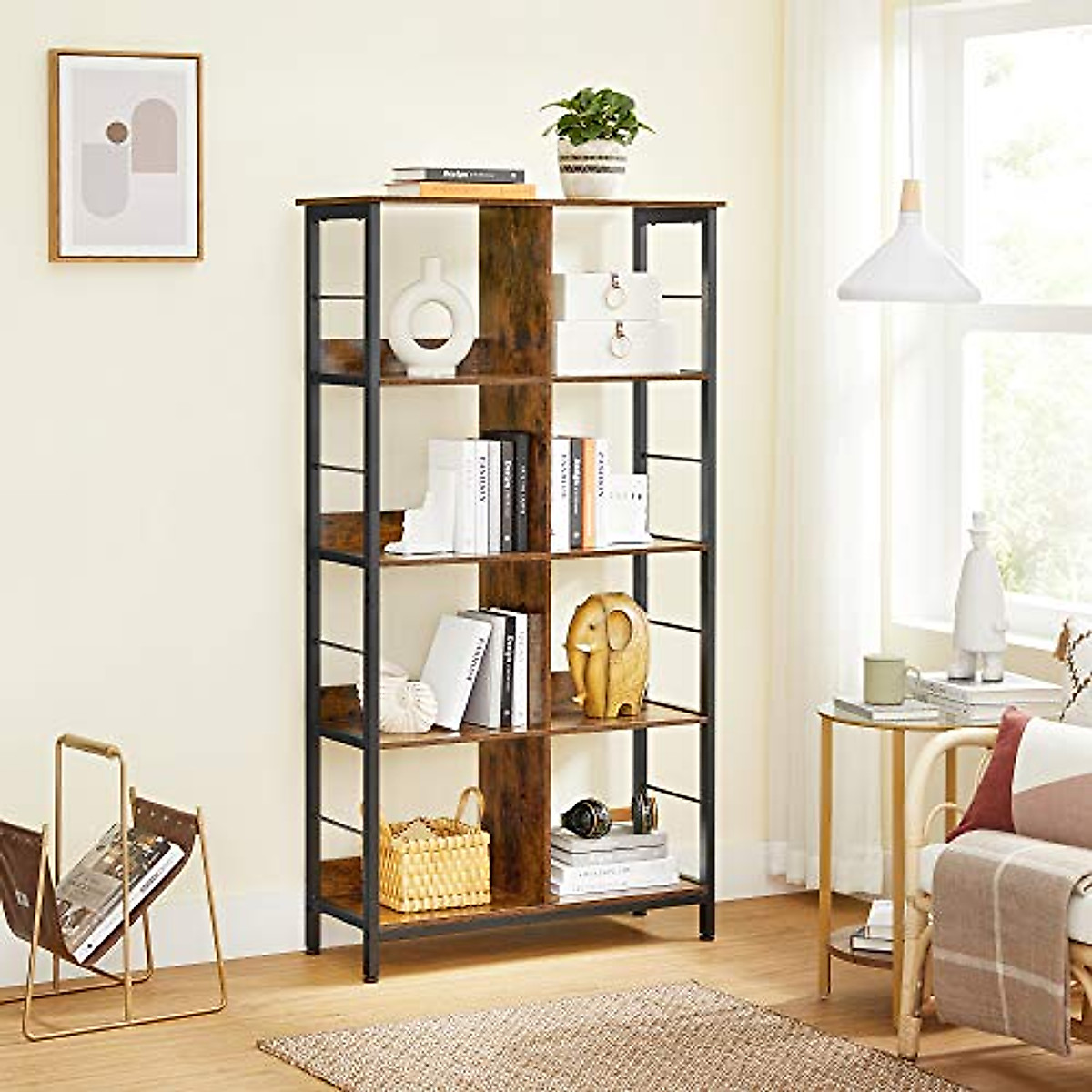 VASAGLE Industrial 8-Compartment Bookshelf, 4-Tier Bookcase with 8 Open Slots, Display Storage Rack, for Office, Living Room, Bedroom, 31.5 x 13 x 58.7 Inches, Rustic Brown and Black ULLS105B01