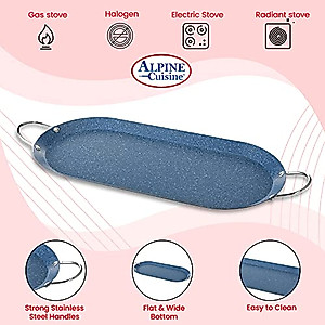 Alpine Cuisine Oval Comal Griddle 17.5x8in Nonstick Coating Blue with Durable Double Handle - Durable, Heavy Duty Comal for Cooking - Even-Heating