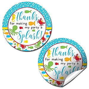 Aquatic Under The Sea Birthday Thank You Sticker Labels for Kids, 40 2" Party Circle Stickers by AmandaCreation, Great for Party Favors, Envelope Seals & Goodie Bags