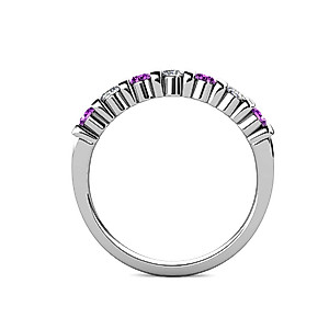Amethyst & Lab Grown Diamond 1/5 ctw 7 Stone Women Wedding Band Stackable 14K White Gold.size 7.5