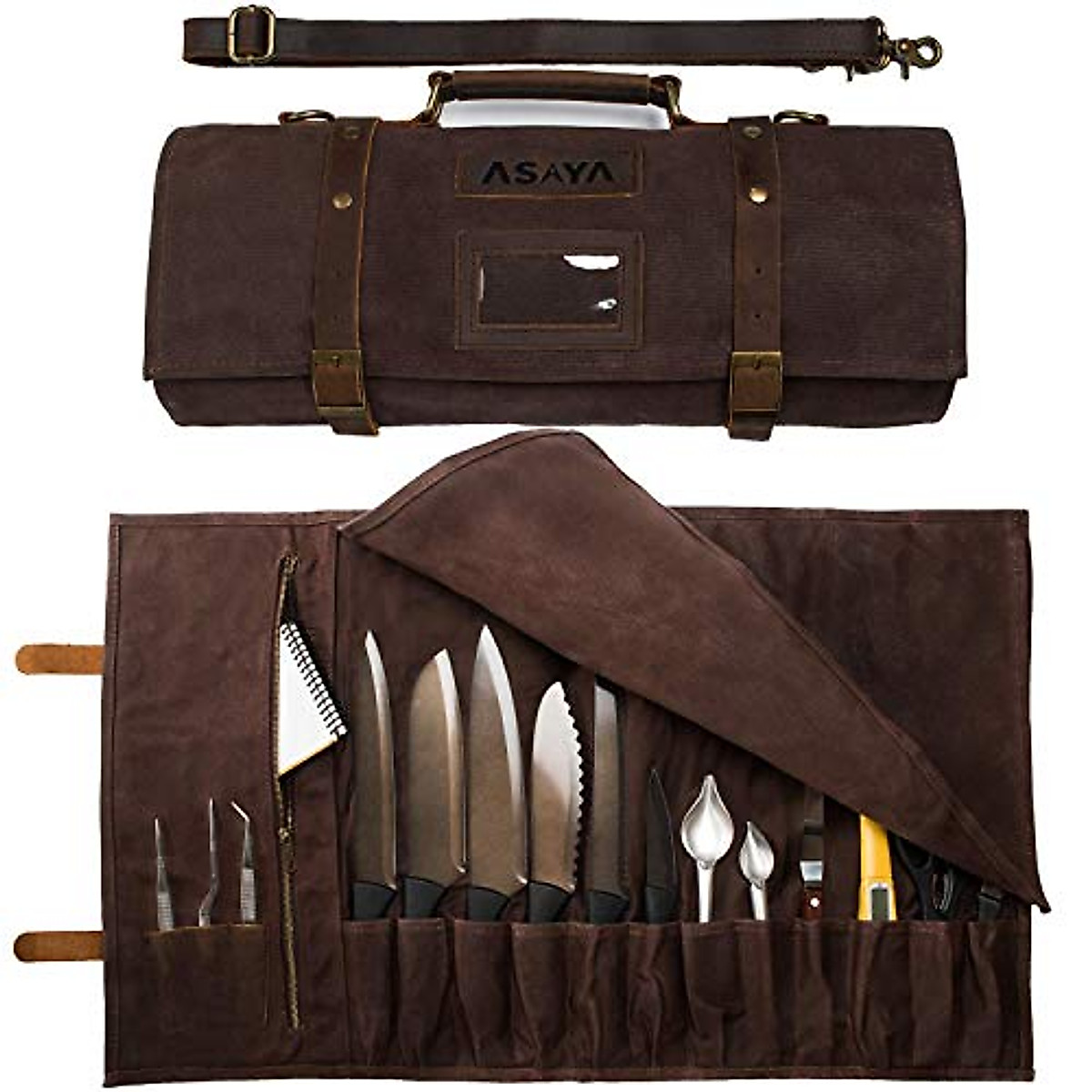 Asaya Waxed Canvas Knife Roll - 15 Knife Slots, Card Holder and Large Zippered Pocket - Genuine Leather, Cloth and Brass Buckles - for Chefs and Culinary Students - Knives Not Included