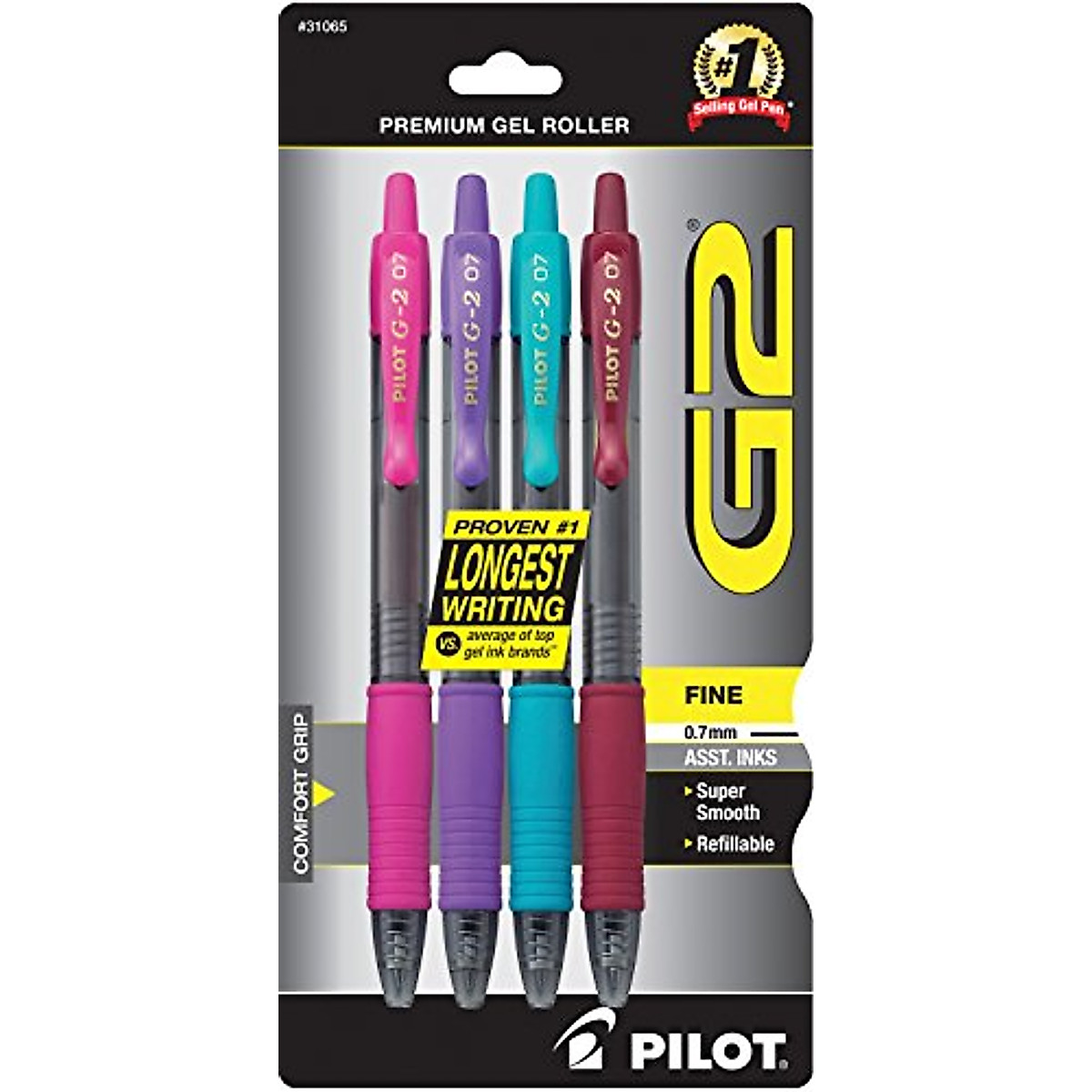 Pilot, G2 Premium Gel Roller Pens, Fine Point 0.7 mm, Assorted Colors, Pack of 4