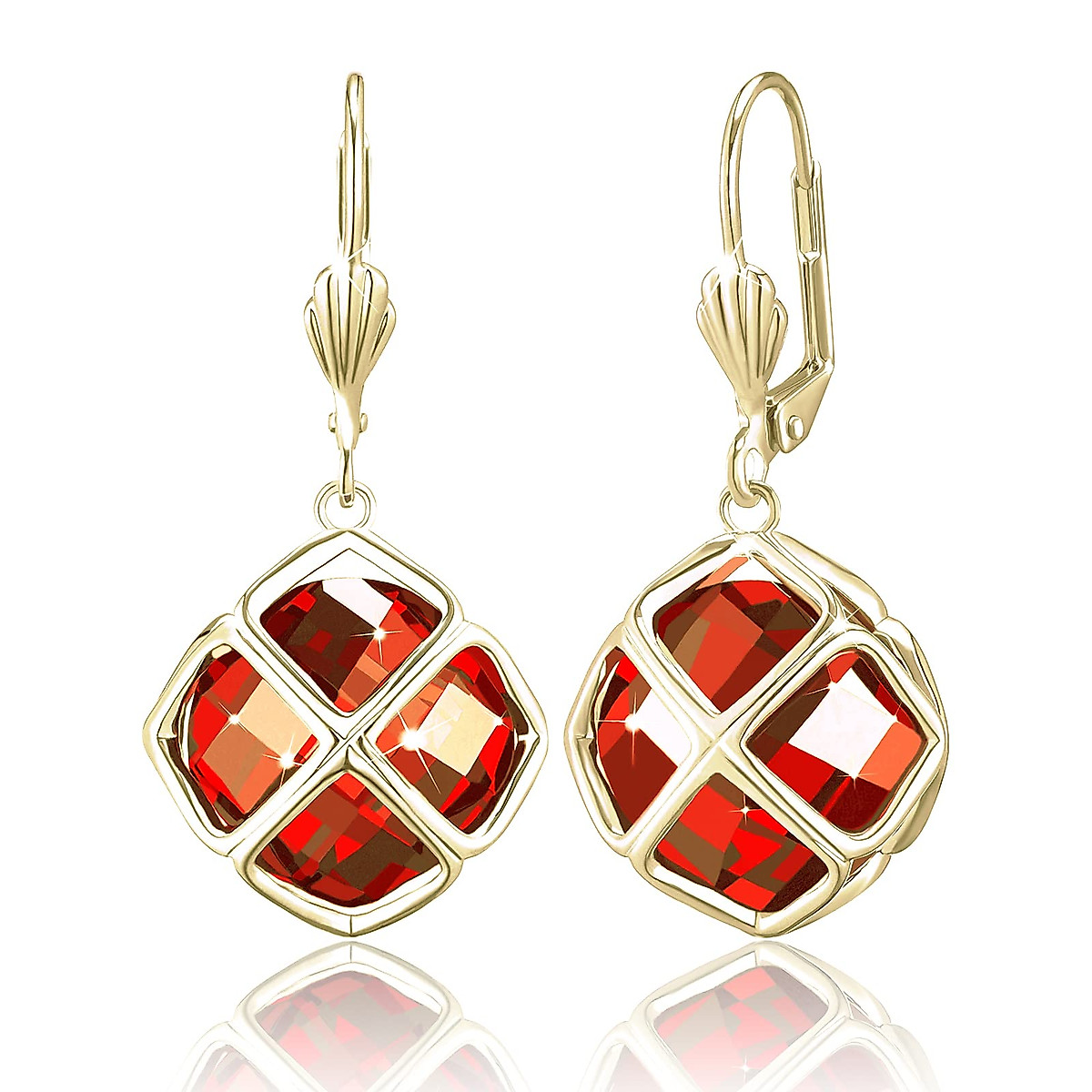 Big Dark Red Crystal Dangle Earrings for Women (Jan-Garnet-14K Gold)