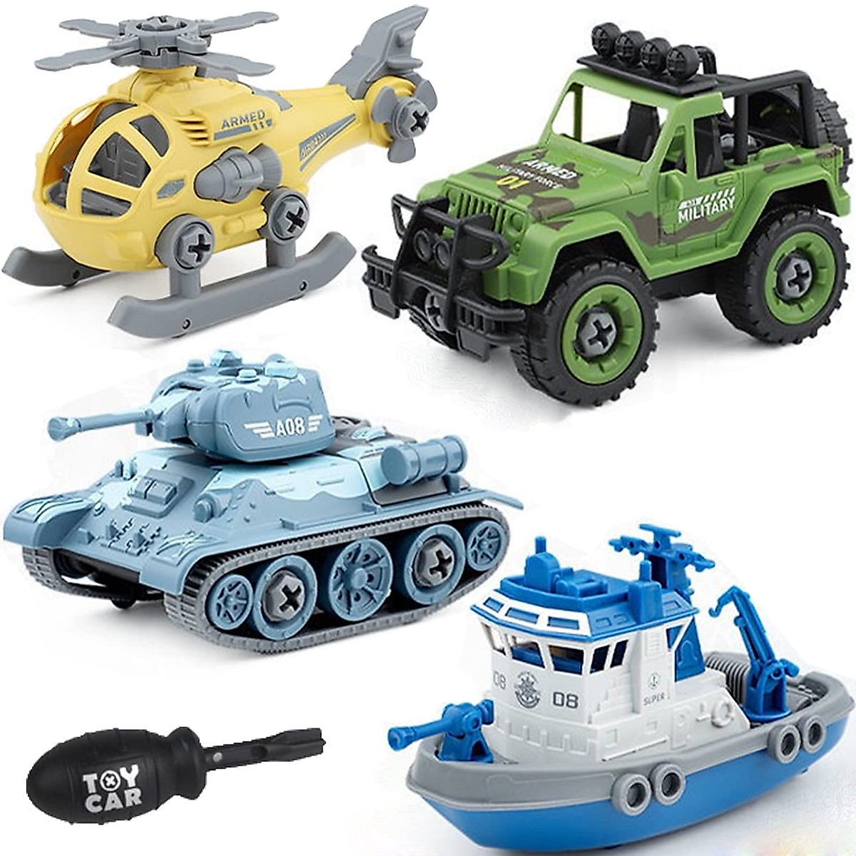 Take Apart Military Toys for 3 4 5 6 7 8 Year Old Boys Construction Vehicle Toys with Drill for Kids STEM Learning Building Toy Helicopter, SUV, Tank, Warship Pack of 4