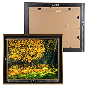 Space Art Deco, 16x20 Picture Frame without Mat for 16x20 Poster/Photo/Print, Shatter-Resistant Real Glass Wall Mounting Display (Black and Ornate Gold Design, 1-Pack)