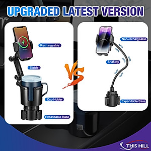 THIS HILL 3-in-1 Car Wireless Charger Cup Holder, Upgrade 15W Charging, Car Cup Holder Phone Mount with Adjustable Base & 360° Rotation Compatible for All Smartphones(with Car Adapter)
