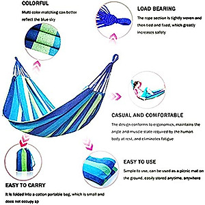 Garden Canvas Cotton Hammock Single/Two People Load Bearing 450 Lbs with Carrying Bag for Indoor Outdoor Garden Patio Park (260 x150 cm/Blue)