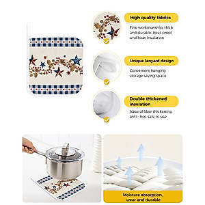 4th of July Pot Holders for Kitchen Heat Insulation, Blue Plaid Red Star Independence Day Potholders Hot Pads with Hanging Loop, Washable Oven Mitts Pot Holder Trivet for Cooking Baking 5 Pack