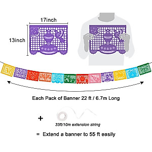 3 Packs Mexican Banners, 66 Ft(22ft x 3) Papel Picado Banner, Large Plastic Mexican Fiesta Banners Cinco de Mayo Party Fiesta Decorations Mexican Themed Birthday Party Supplies 12 Patterns with String