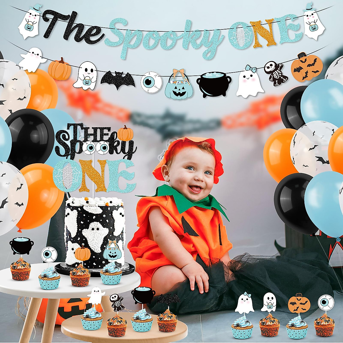 K KUMEED Halloween 1st Birthday Party Decorations,The Spooky One Banner Cute Ghost Eyeballs Pumpkin Cake Topper and Latex Balloons for Halloween First Birthday Boys Halloween Birthday Party Supplies