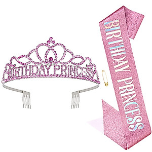 CIEHER Pink Princess Birthday Crown and Birthday Sash Set, Birthday Girl Crown Birthday Tiara for Women Birthday Decorations for Girls Rhinestone Princess Party Decorations Birthday Gifts