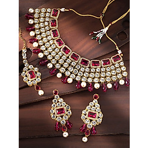 Aheli Kundan and Simulated Colored Stones Indian Ethnic Maang Tikka Necklace and Earrings Set Bollywood Festive Statement Jewelry for Women Girls
